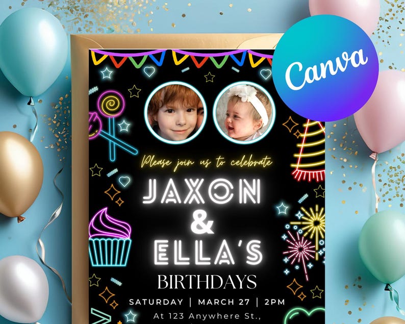 Editable Joint Party Invite, Sibling Birthday Invitation, Double ...