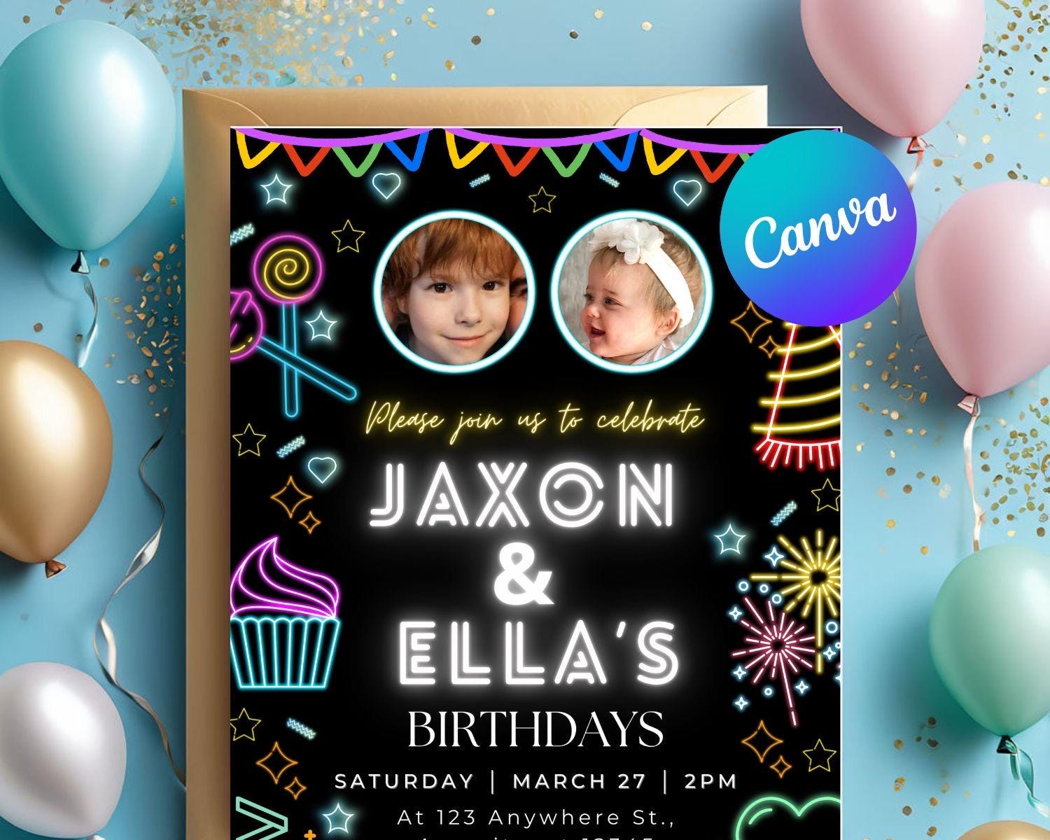 Editable Joint Party Invite, Sibling Birthday Invitation, Double ...