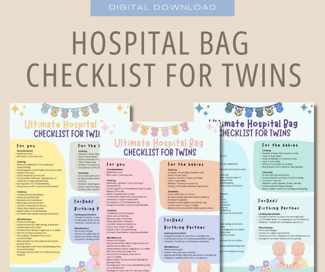 Hospital Bag Checklist for Twins, Printable Twins Hospital List, PDF ...