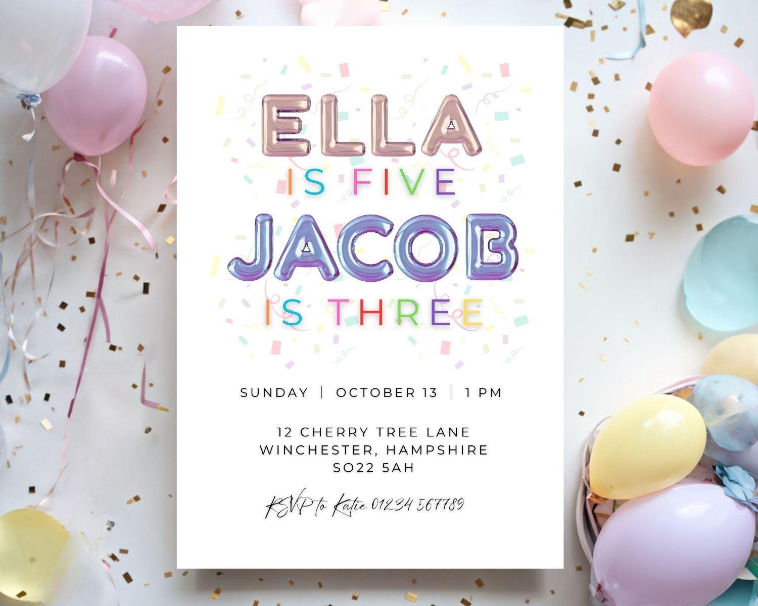Editable Joint Birthday Invitation, Sibling Party Invite (digital ...