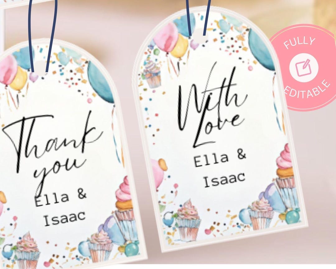 Editable Sibling Birthday Party Favor Tags, Double Thank You Party Tags ...