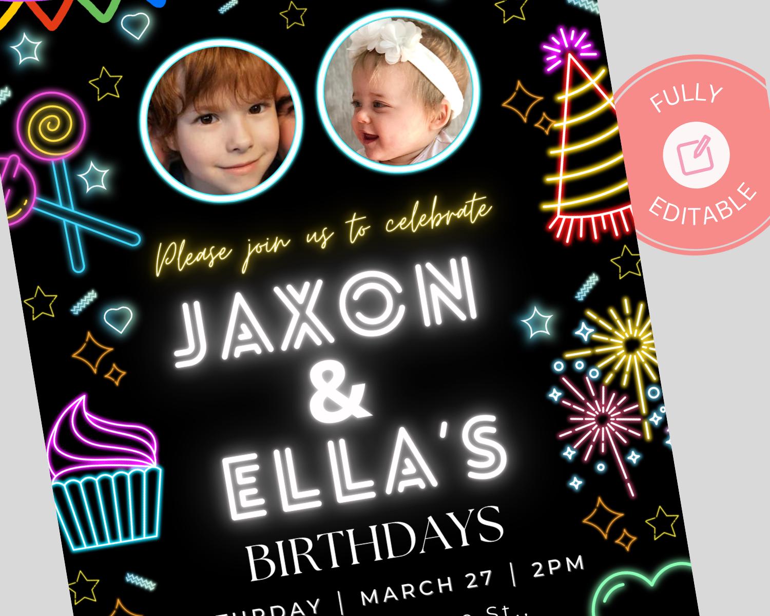 Editable Joint Party Invite, Sibling Birthday Invitation, Double ...
