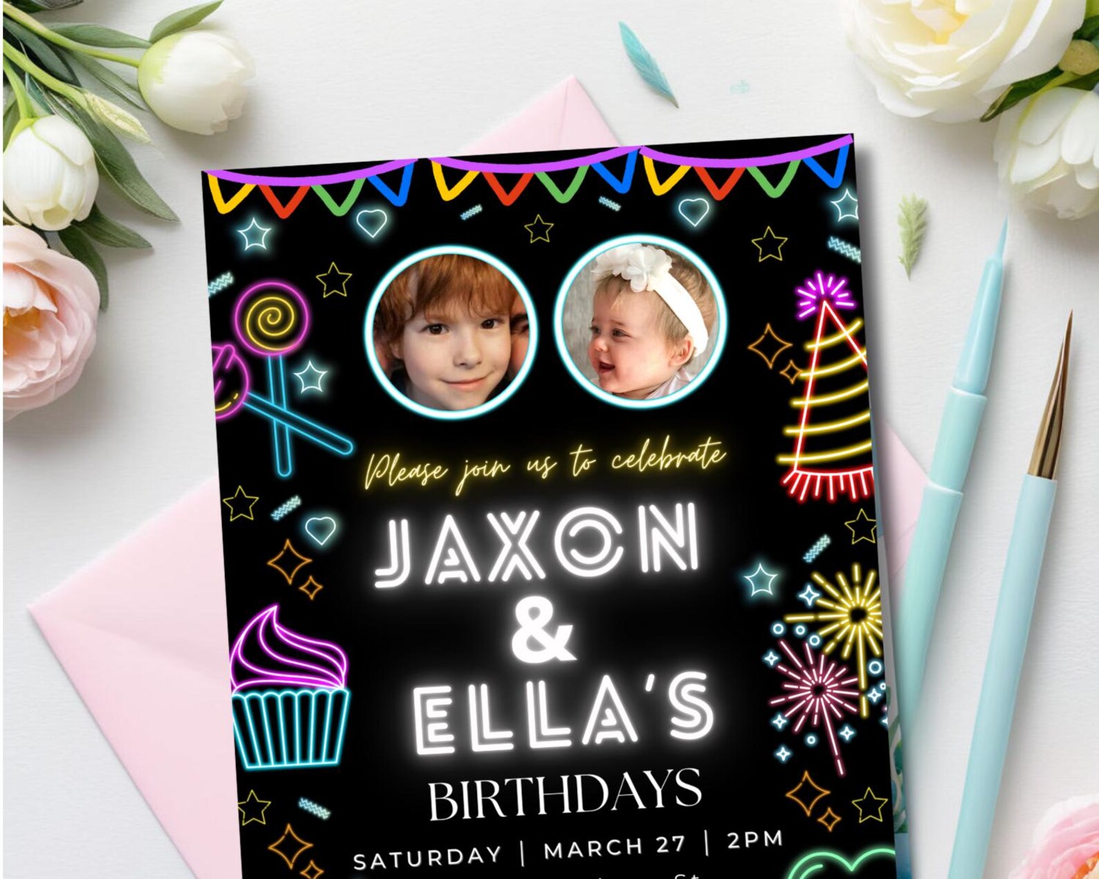 Editable Joint Party Invite, Sibling Birthday Invitation, Double ...