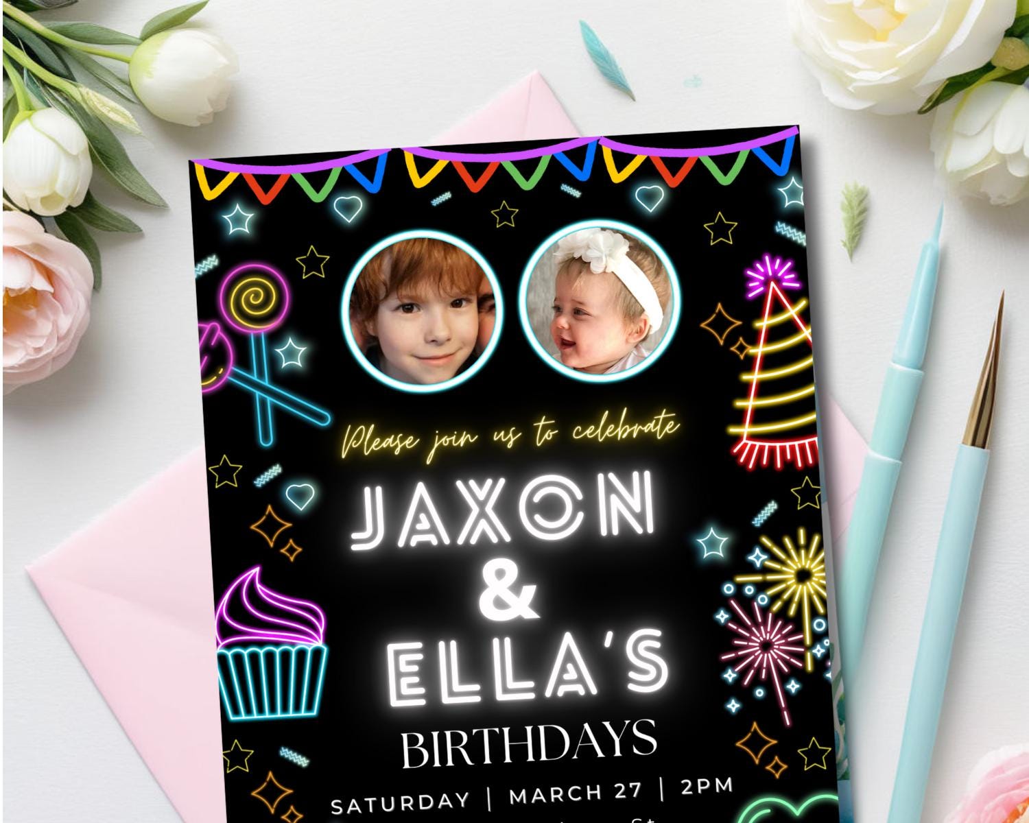 Editable Joint Party Invite, Sibling Birthday Invitation, Double ...