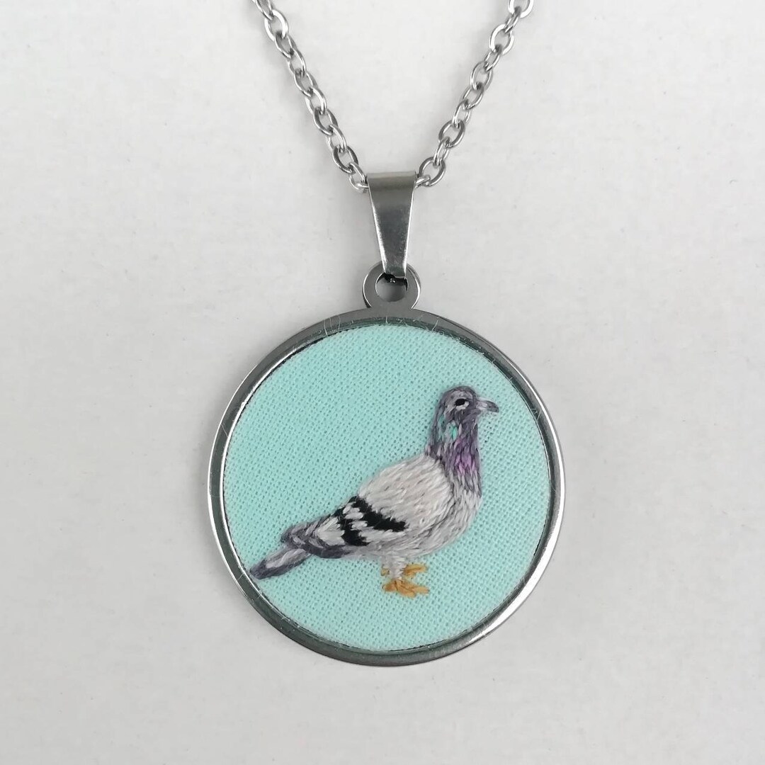 Hand Embroidered Rock Pigeon Necklace, Dove Bird Pendant, Stainless ...