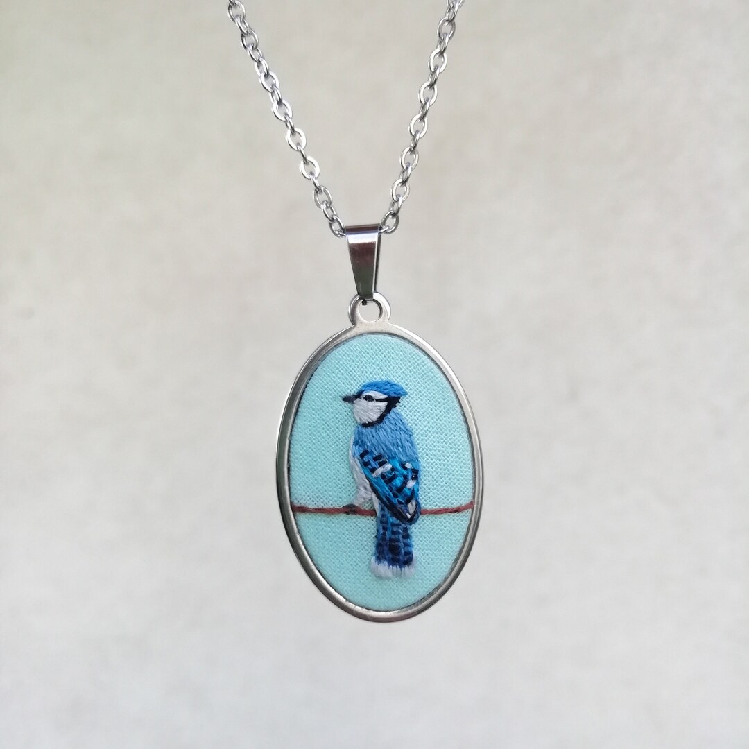 Blue Jay Necklace, Wild American Bird Pendant, Hand Embroidered Bird ...