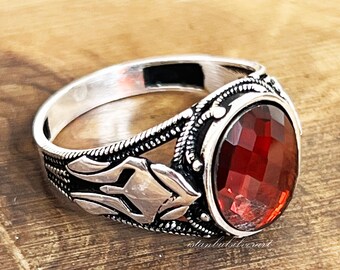 Mens Handmade Ring, Turkish Handmade Silver Men Ring, Ottoman Mens Ring, Ruby Ring, Cz Stone ...