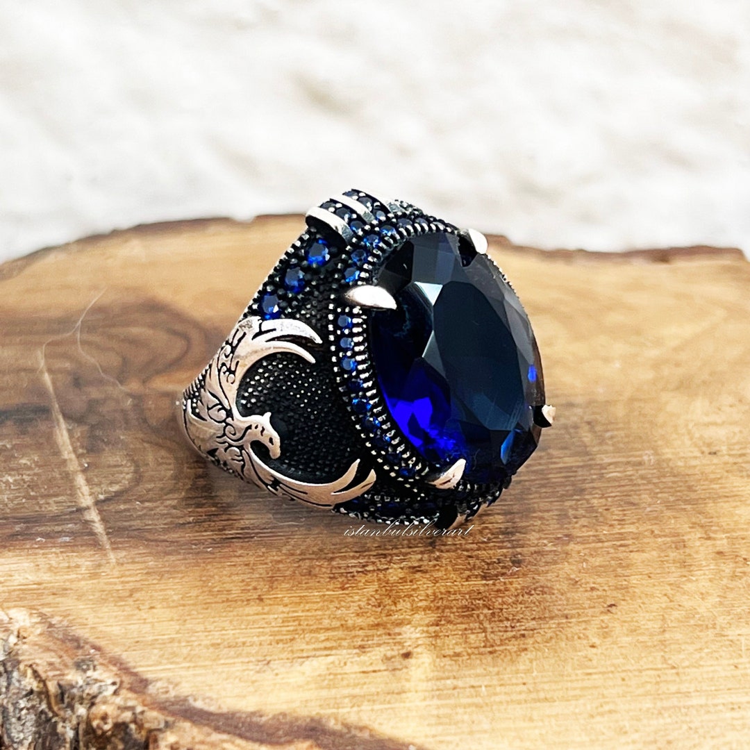 Handmade 925 Sterling Silver Mens Ring: Ottoman Eagle Sapphire Ring - Etsy