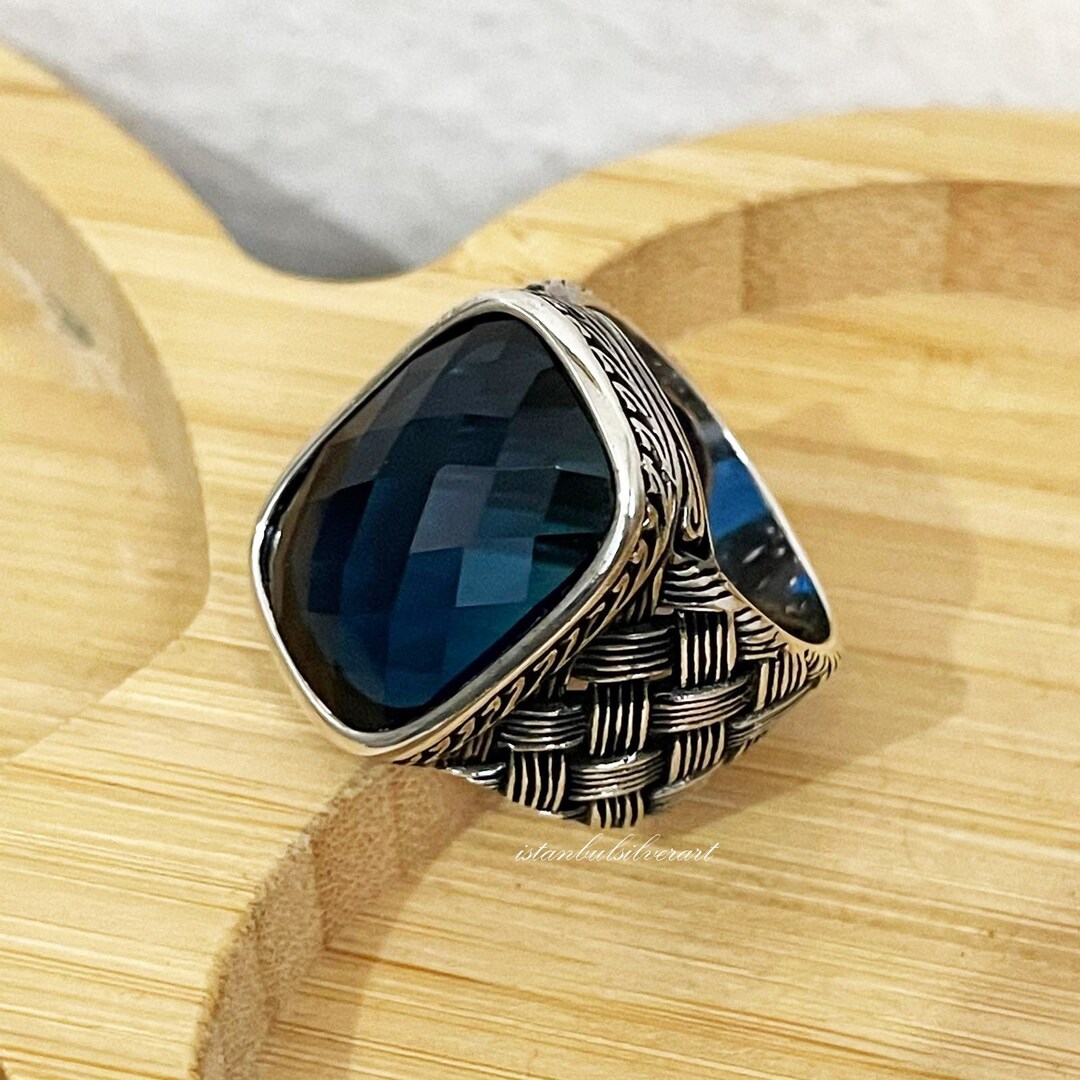 Handmade Ottoman Men's Ring: Sapphire Cubic Zircon, 925 Sterling Silver ...