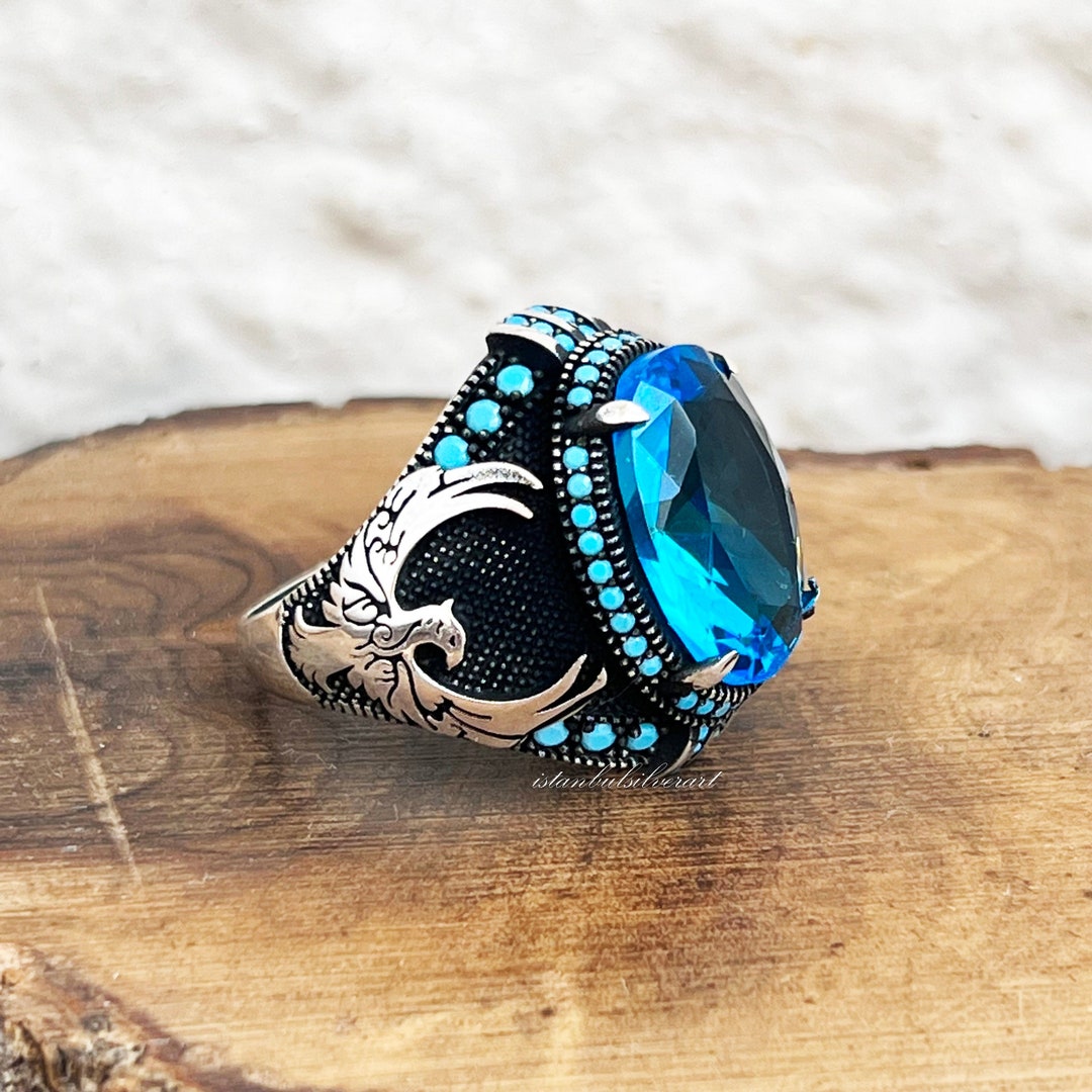 Handmade Aquamarine Sterling Silver Mens Ring, Ottoman Eagle Design - Etsy