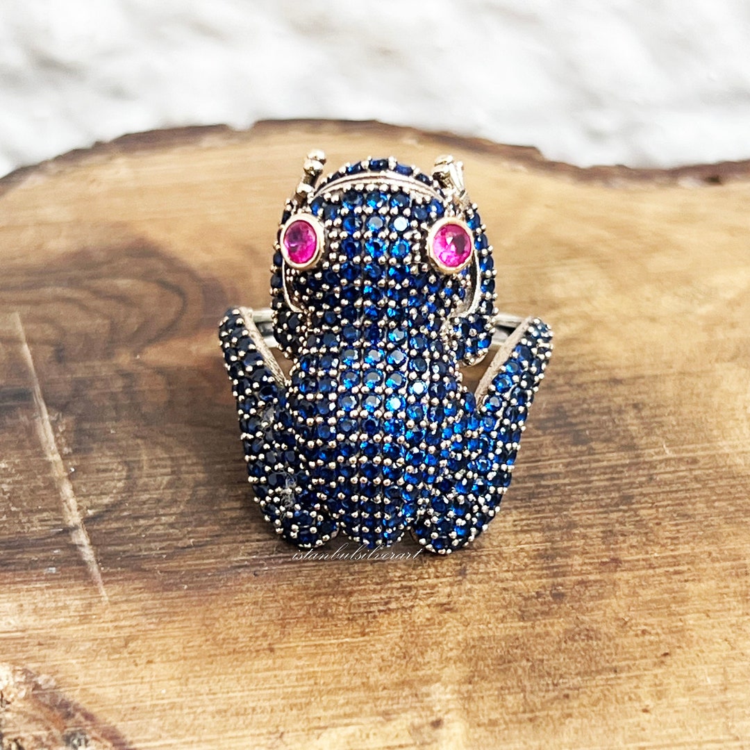 Handmade Sterling Silver Frog Ring: Sapphire Topaz & CZ Stone - Etsy