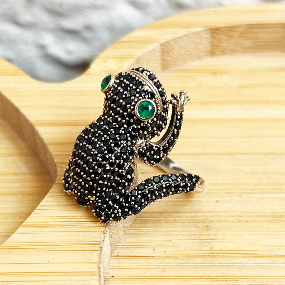 Handmade Sterling Silver Frog Ring: Onyx & Topaz Accent - Etsy