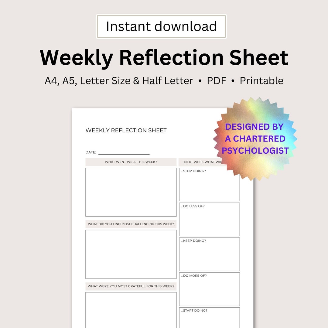Printable Weekly Reflection, Digital Download, Self Reflection, Weekly ...