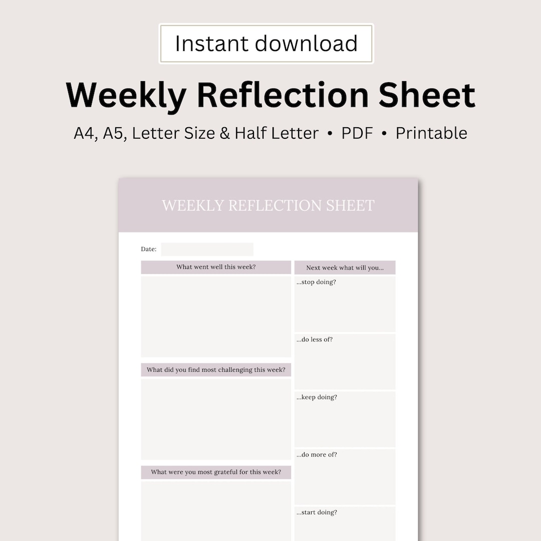 Printable Weekly Reflection, Digital Download, Self Reflection, Weekly ...