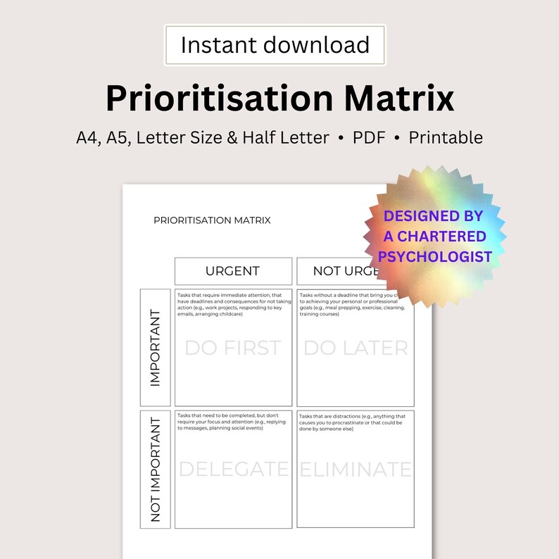 Prioritisation Matrix, Printable, Digital Download, Priority Matrix ...