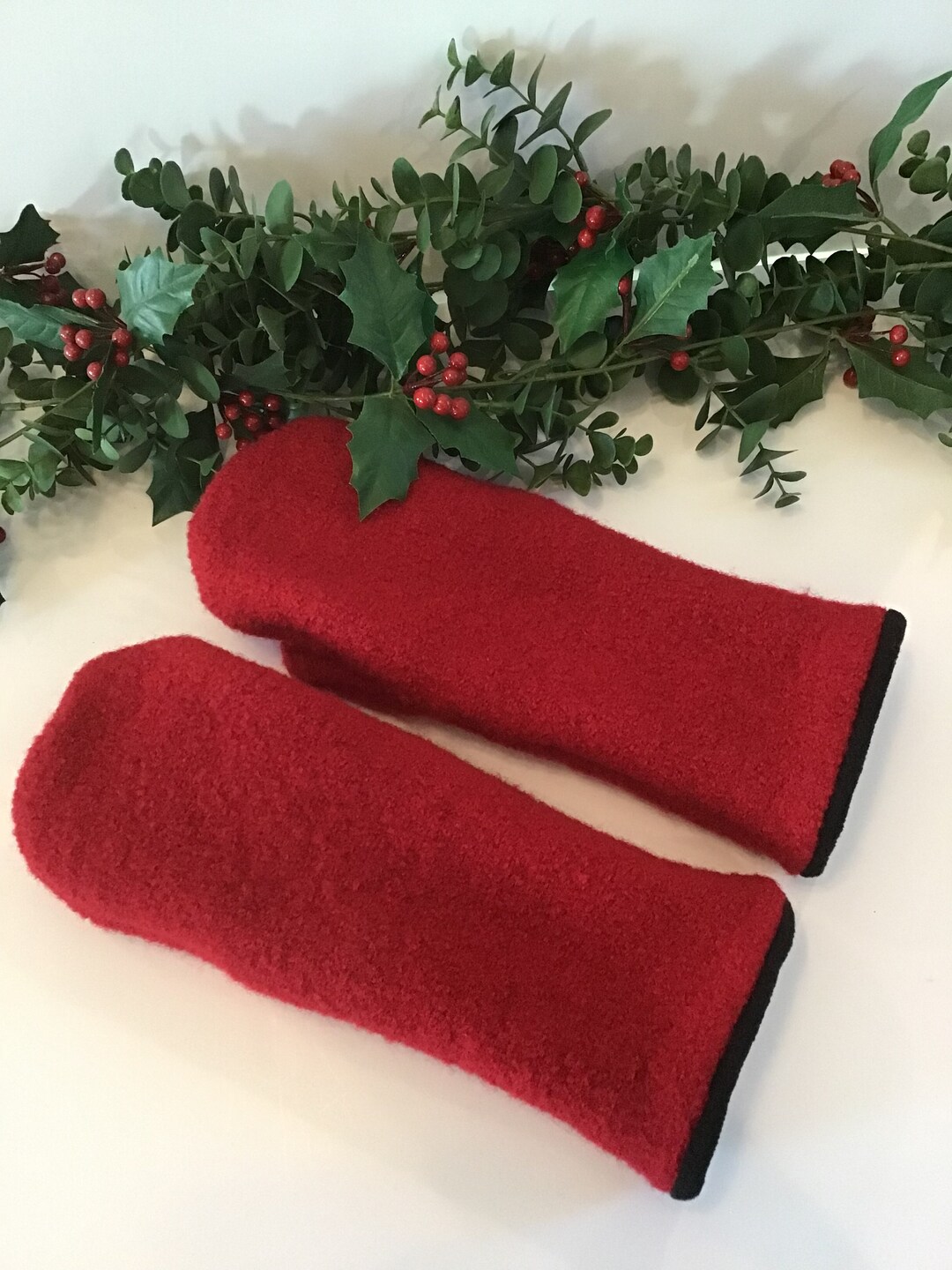 Mittens, Up-Cycled Red Wool Mittens, Extra Long, Very Warm, Black ...