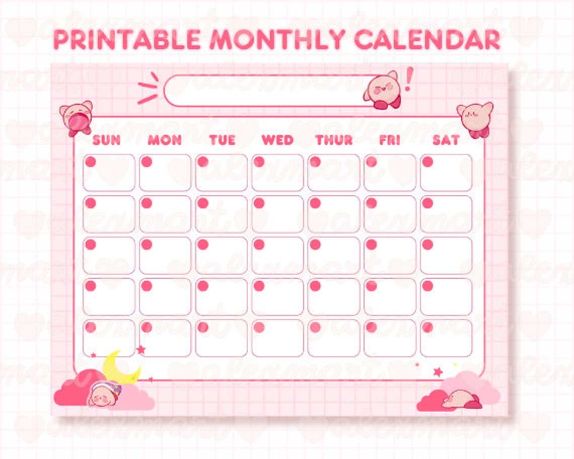 Pink Kirby Monthly Calendar Printable (digital Download) - Etsy