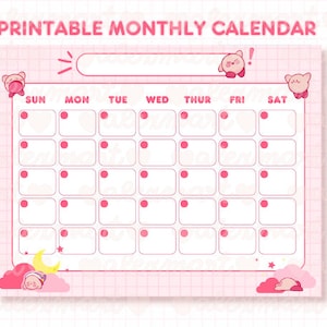 Pink Kirby Monthly Calendar Printable (digital Download) - Etsy