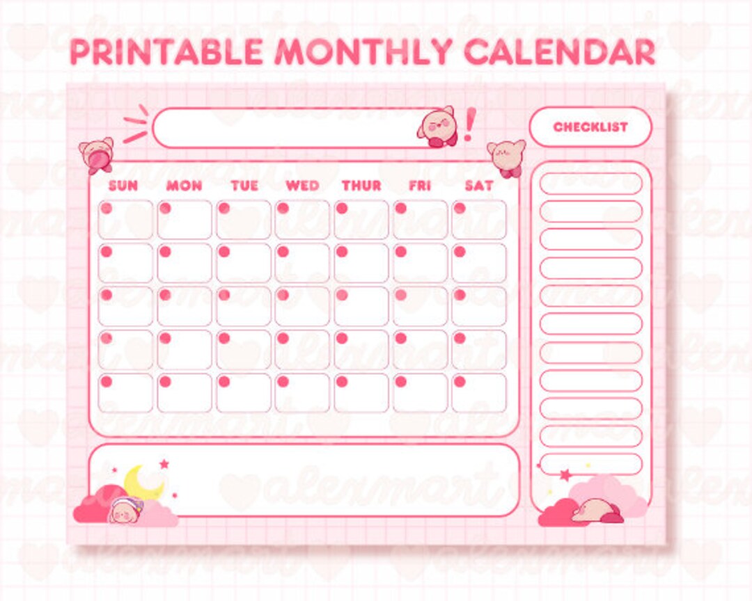 PRINTABLE 8.5 X 11" 'pink Kirby' V2 Monthly Calendar ~ Digital Download ...