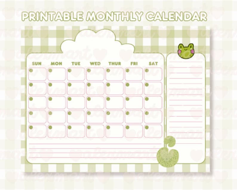 Gingham Froggy Monthly Calendar Printable (digital Download) - Etsy
