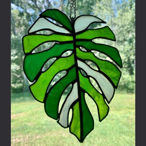 Variegated Monstera Leaf Stained Glass Window Hanging White - Etsy