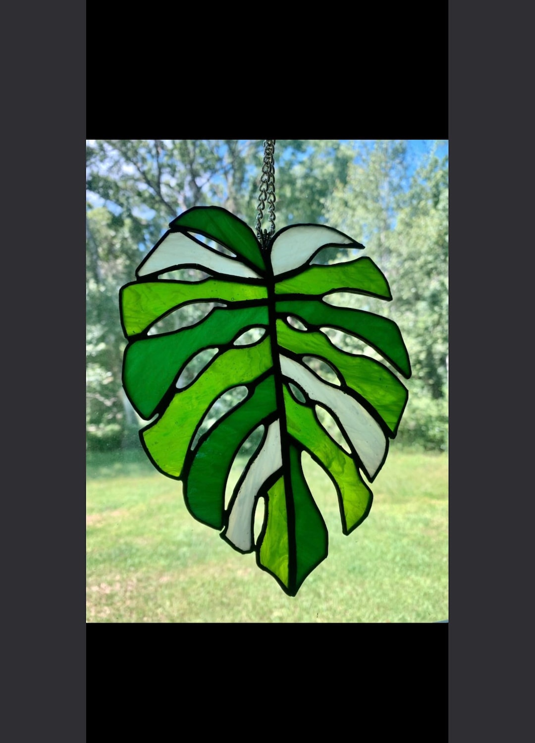 Variegated Monstera Leaf Stained Glass Window Hanging - White and Green ...