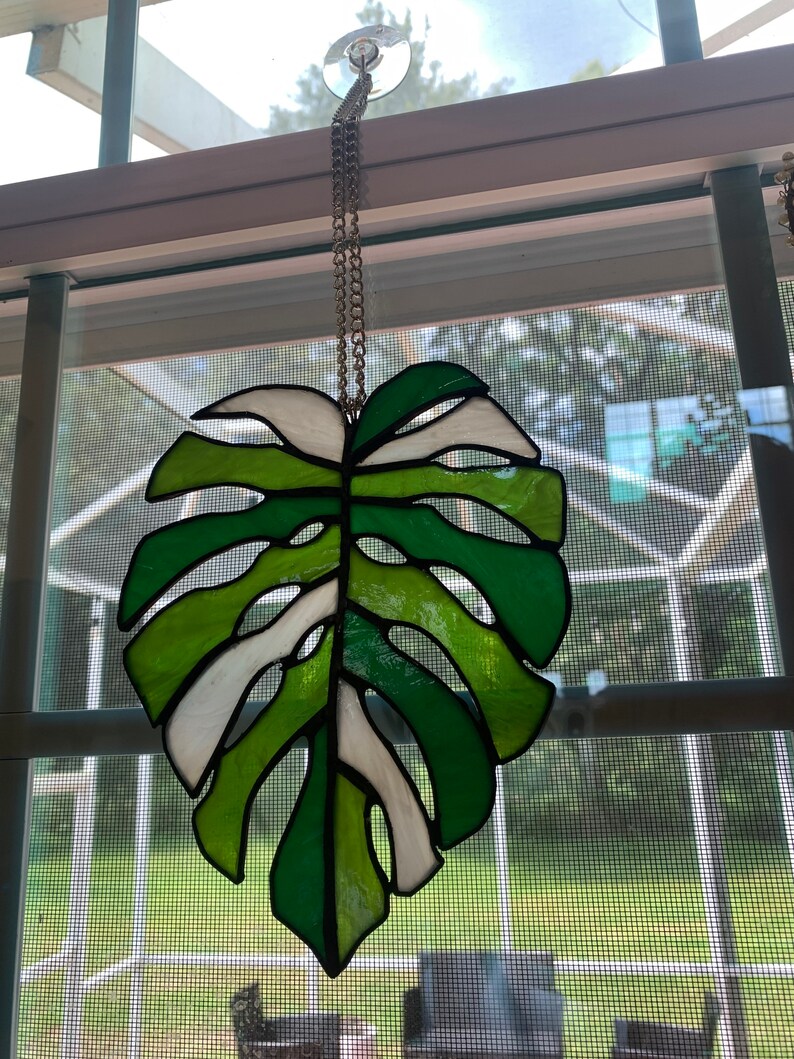 Variegated Monstera Leaf Stained Glass Window Hanging - White and Green ...
