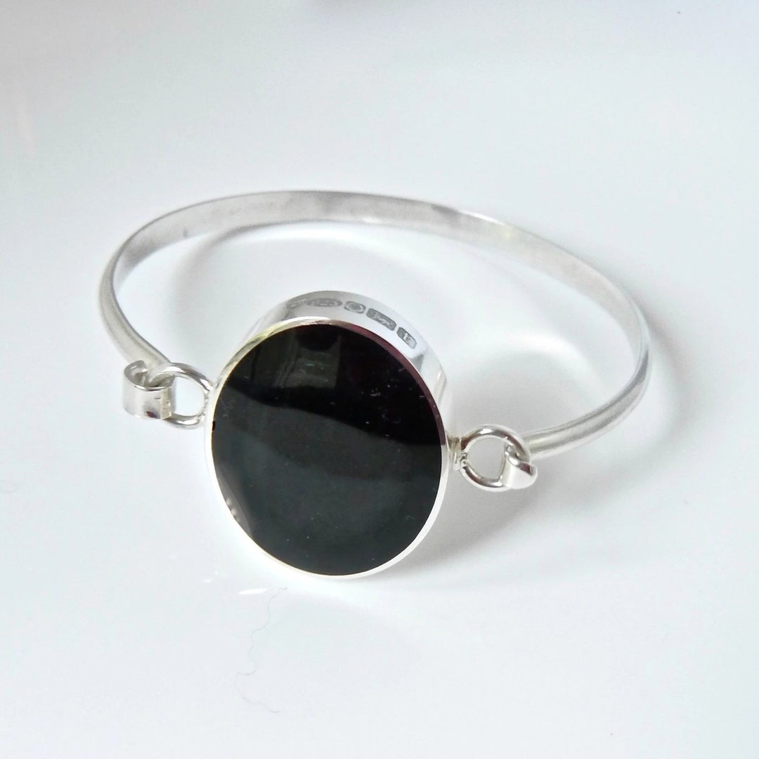 Whitby Jet Bangle- Handmade - Sterling Silver - Tension Bangle Set With ...