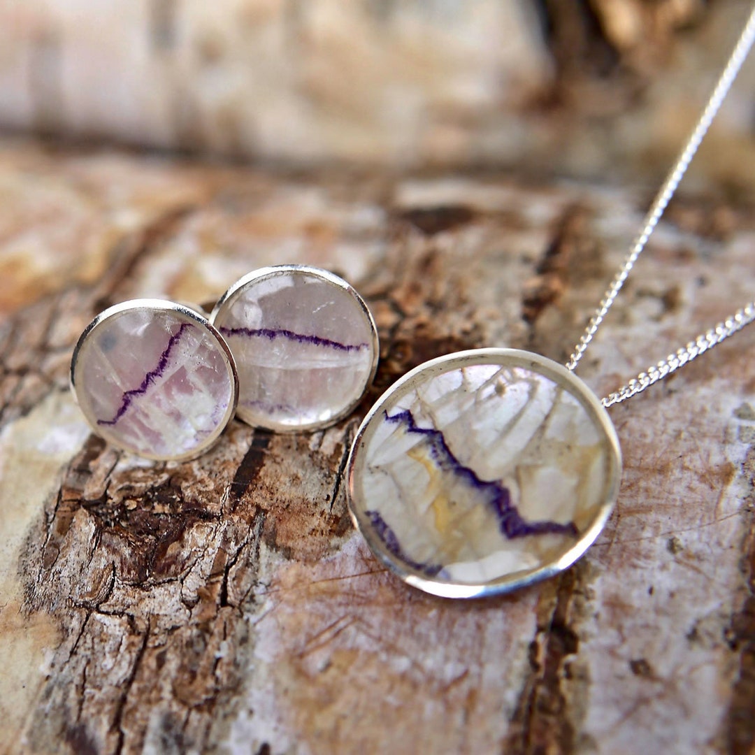 Blue John Gift Set - Blue John Pendant With Chain and Blue John Stud ...