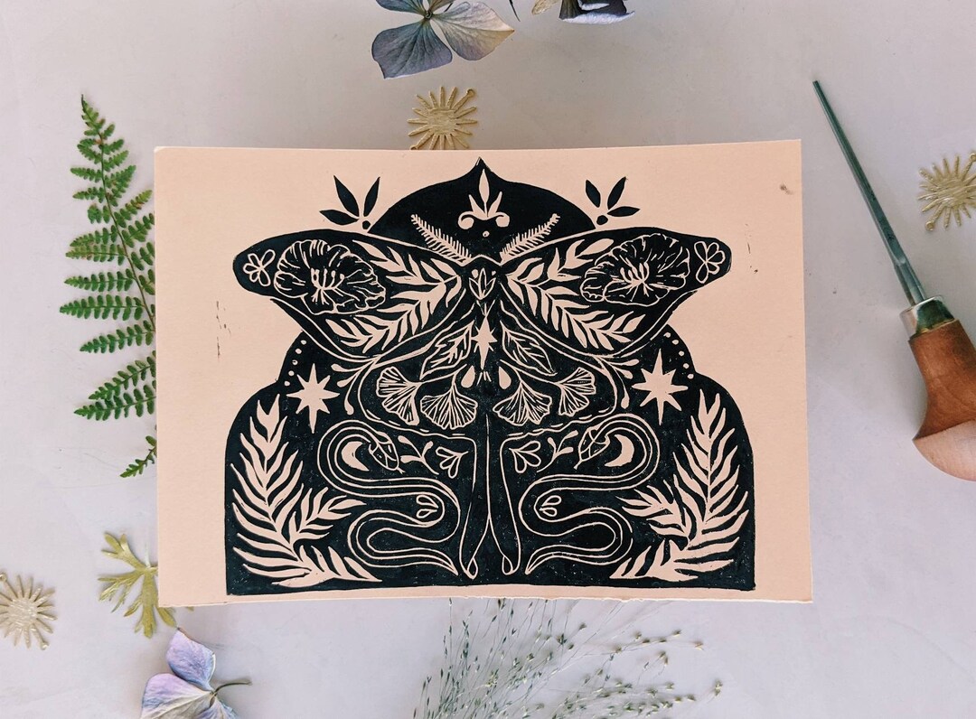 Butterfly and Snakes Lino Cut Print, Botanical Handmade Wall Art - Etsy