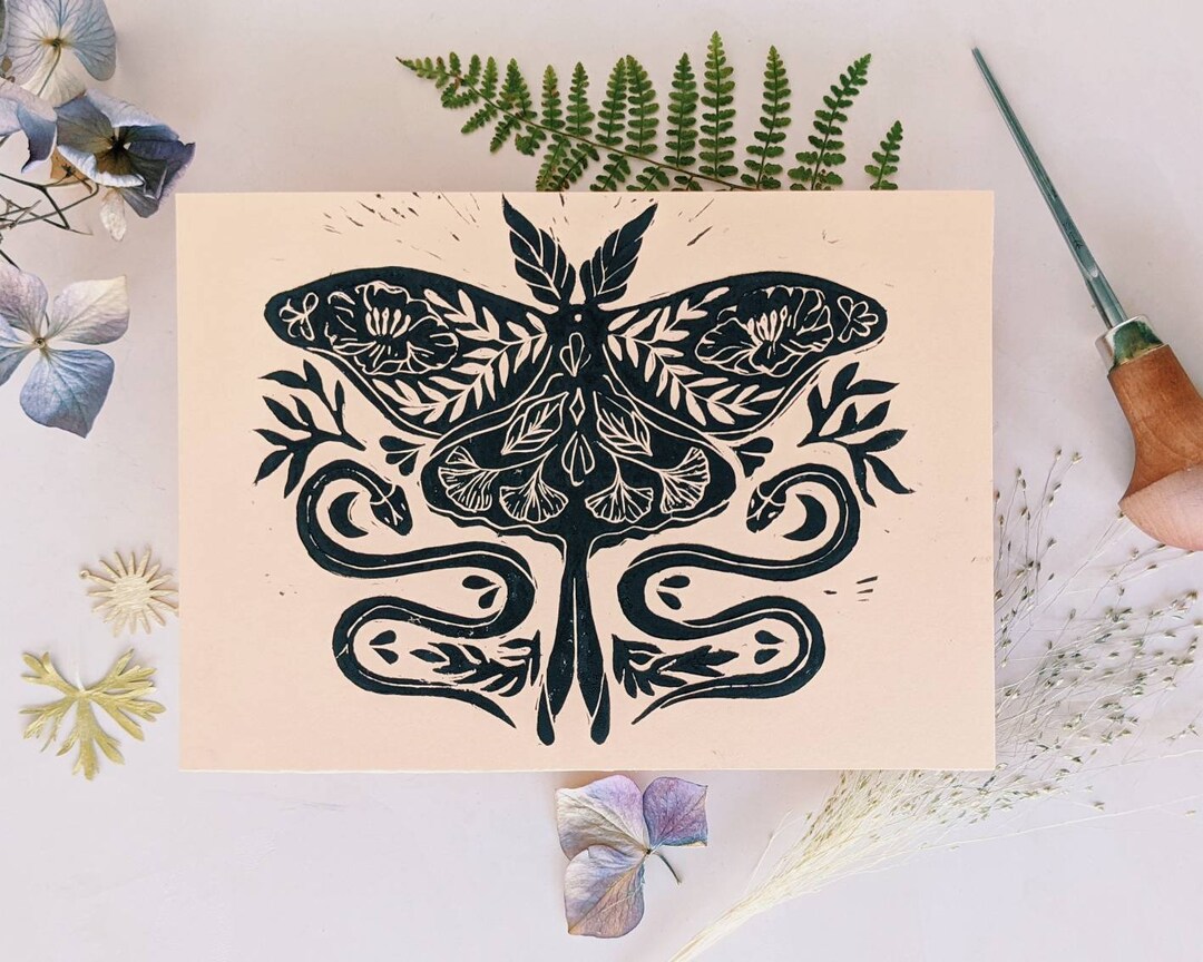Butterfly and Snakes Lino Cut Print, Botanical Wall Art (5 X 7) - Etsy