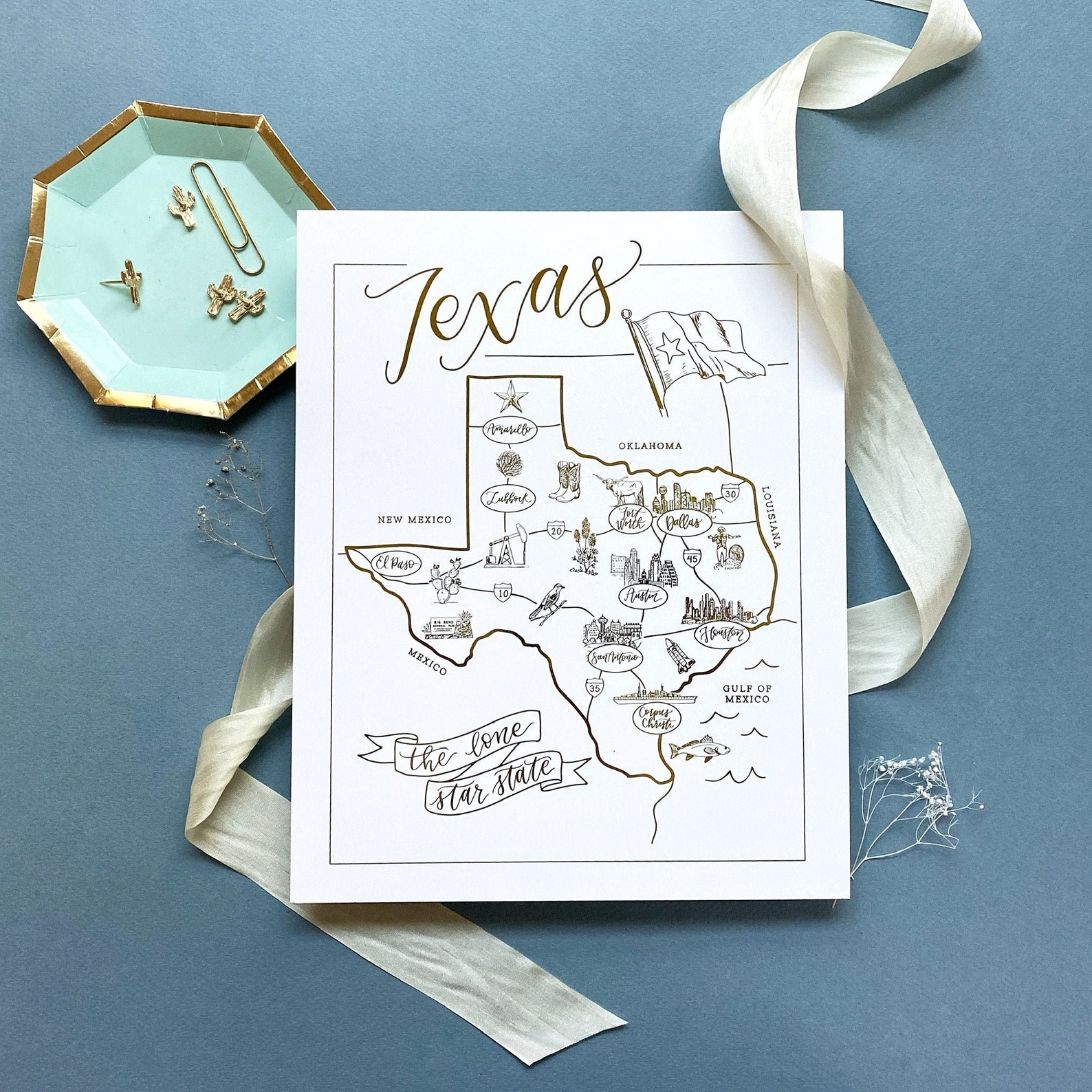 Texas Illustrated Map Texas Wall Art Print Nursery Decor - Etsy