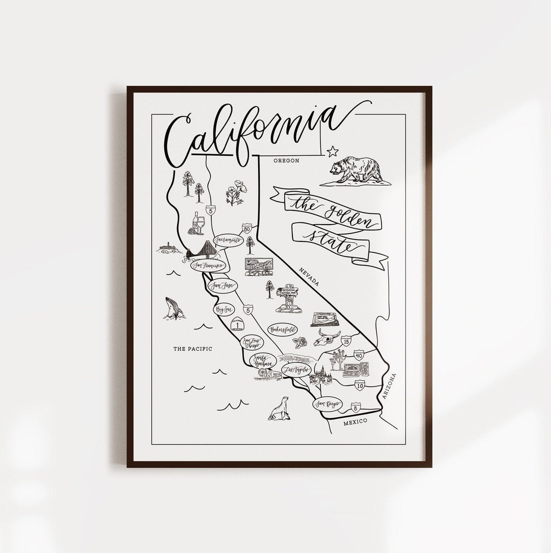 California Illustrated State Map, California Map, California Wall Art ...