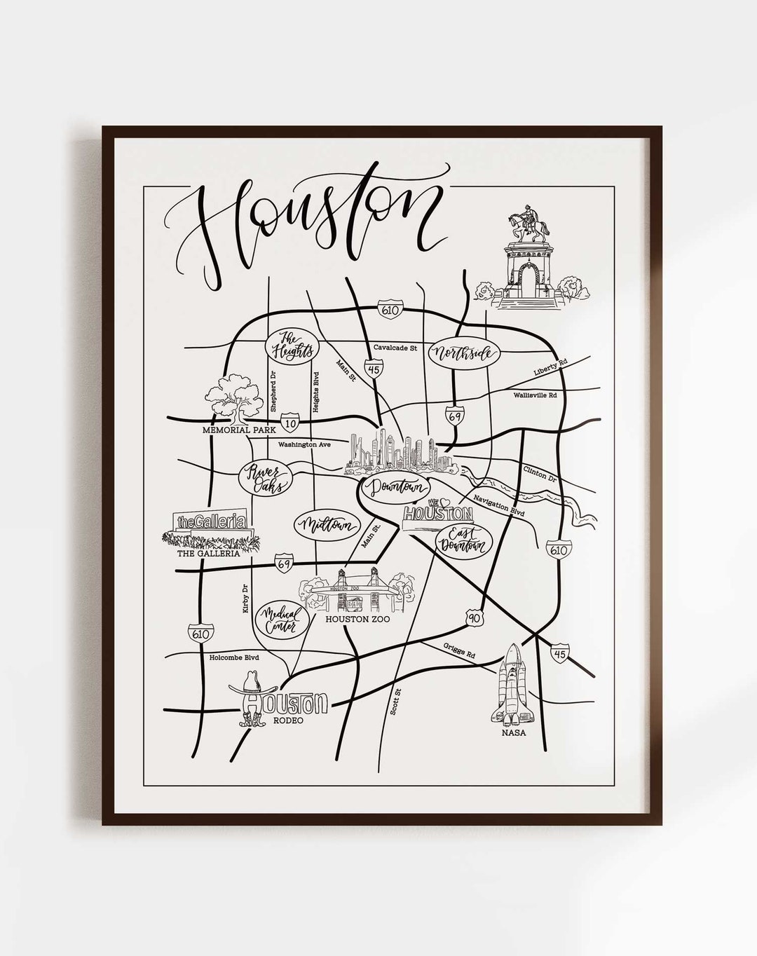 Houston Illustrated City Map, Texas Map, Texas Wall Art Print, Nursery ...