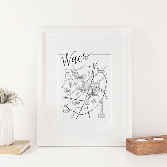 Waco Illustrated Map Texas Map Baylor Wall Art Print | Etsy