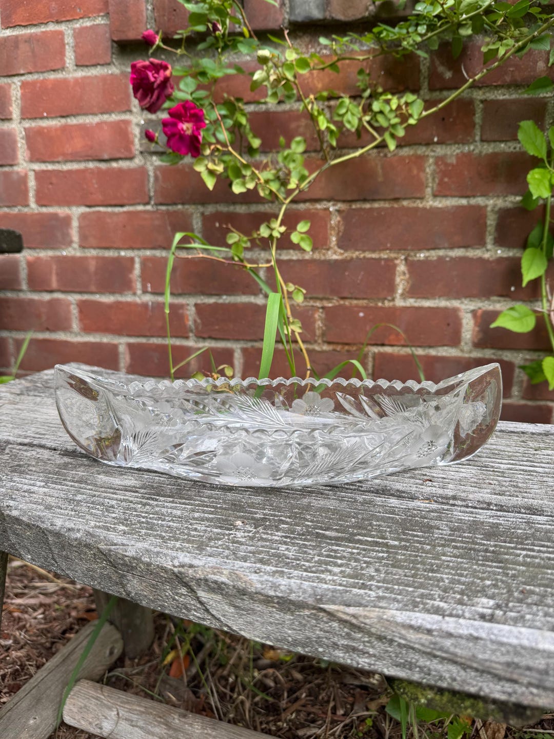 Vintage Cut Glass Canoe Condiment Tray Dish – Floral Design – Elegant ...