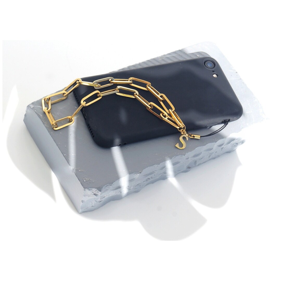 Personalized Initial Gold Phone Charm – Chunky Paperclip Wrist Phone ...