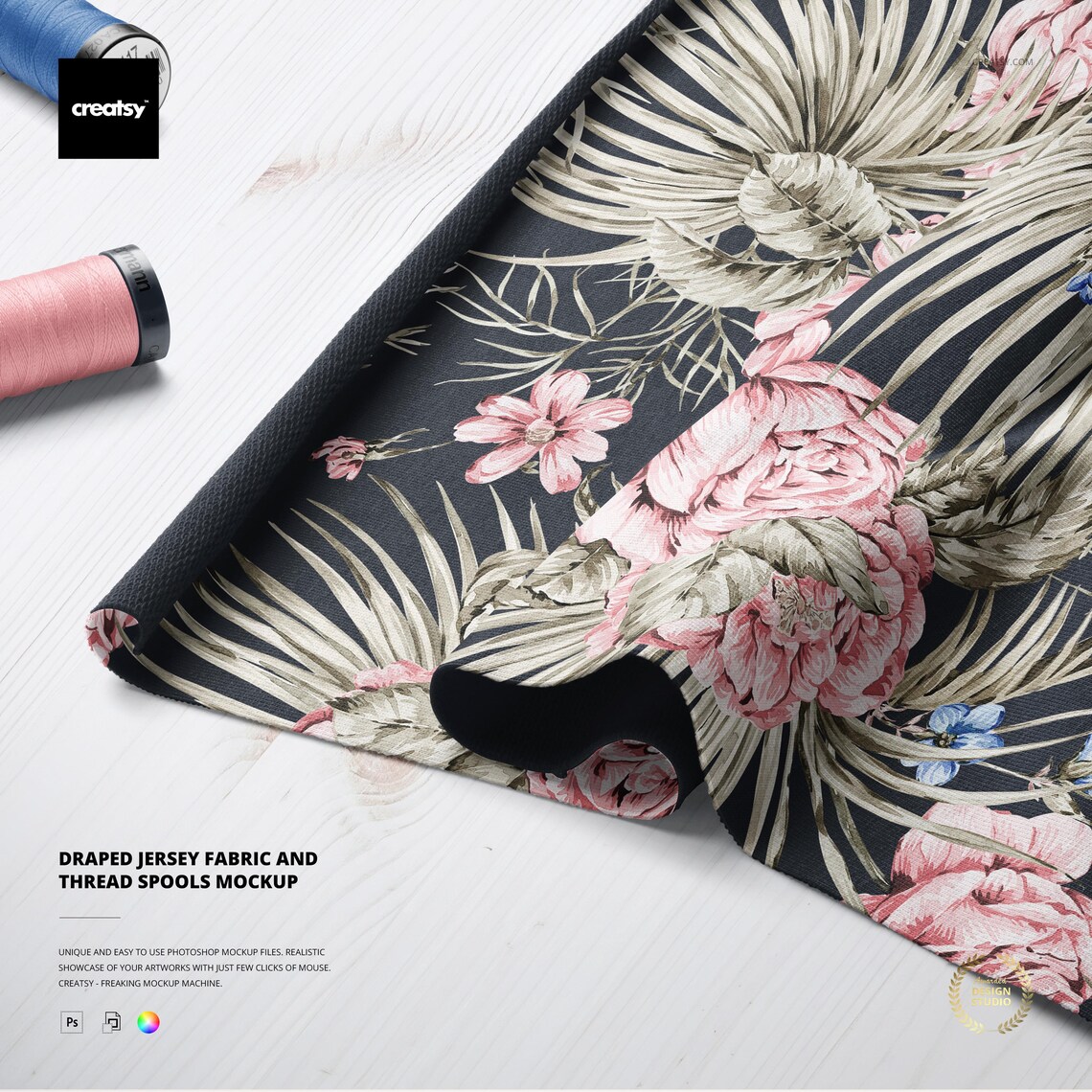 Draped Jersey Fabric and Thread Spools Mockup (part 3 Fabric Factory V ...