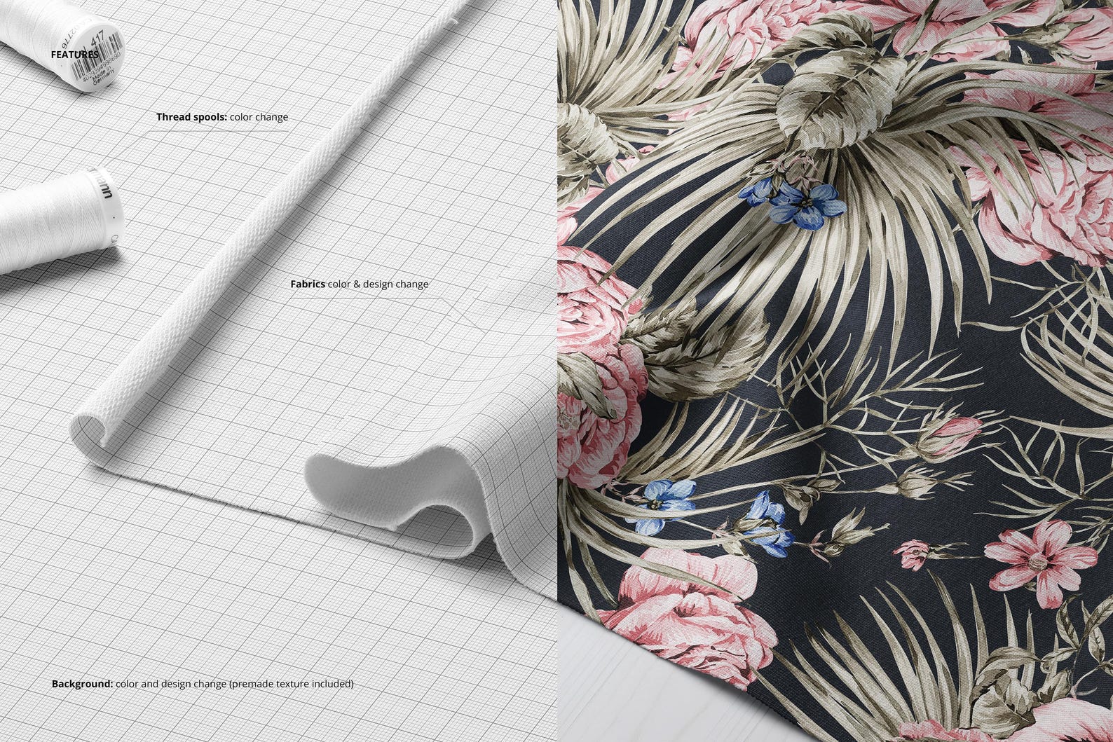 Draped Jersey Fabric and Thread Spools Mockup (part 3 Fabric Factory V ...
