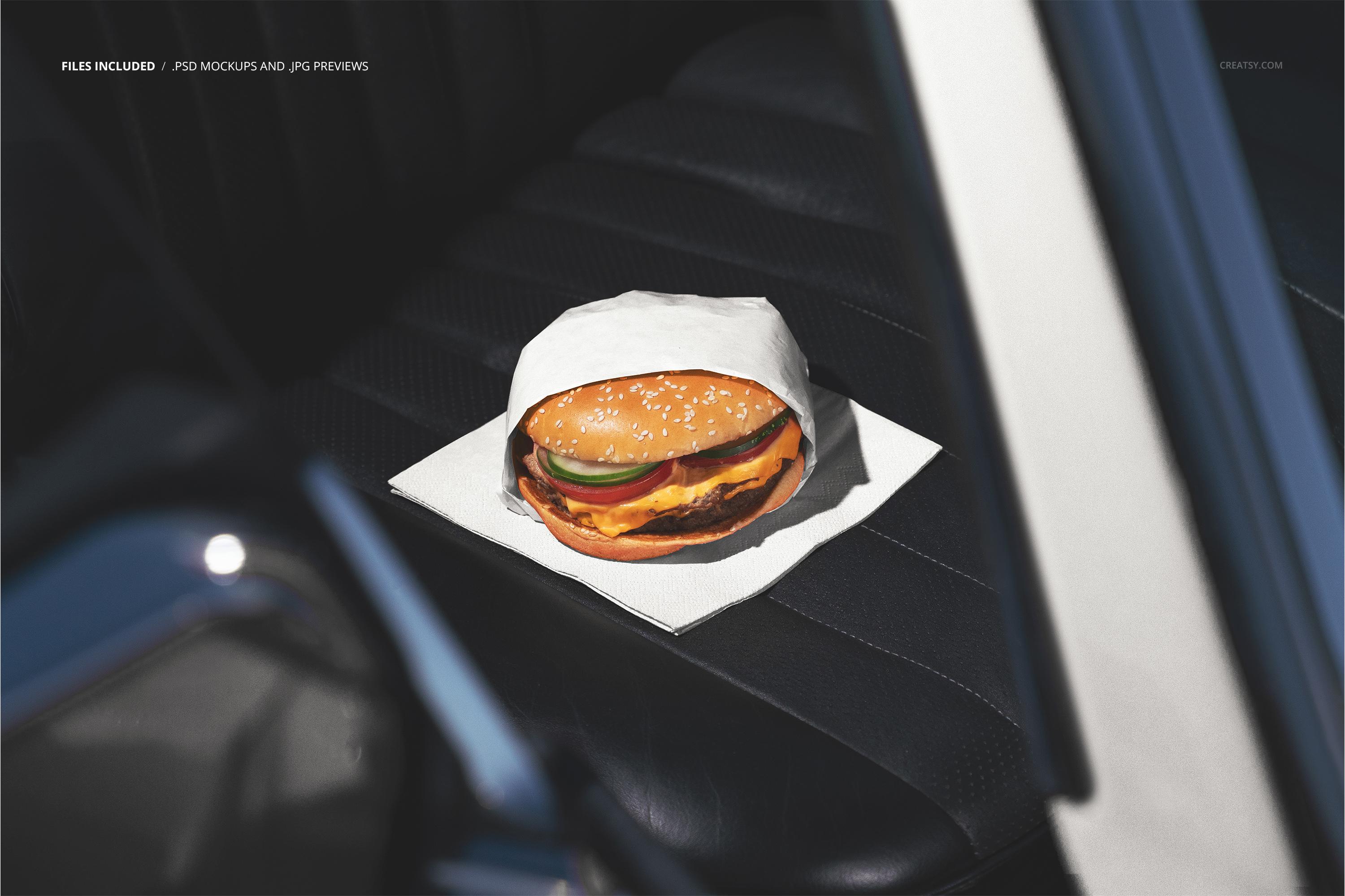 Burger on Seat Inside a Car Mockup - Etsy