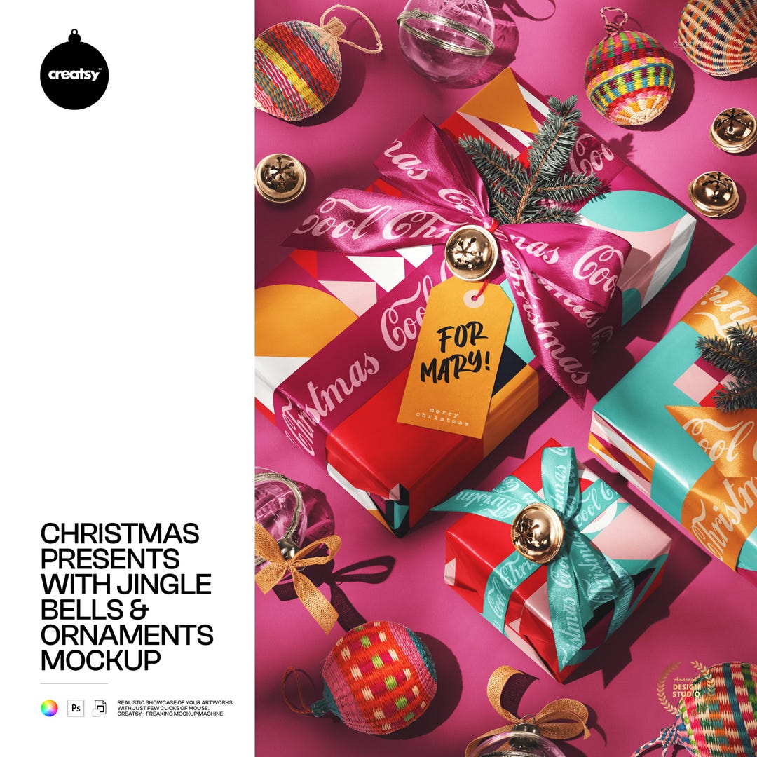 Christmas Presents With Jingle Bells & Ornaments Mockup - Etsy