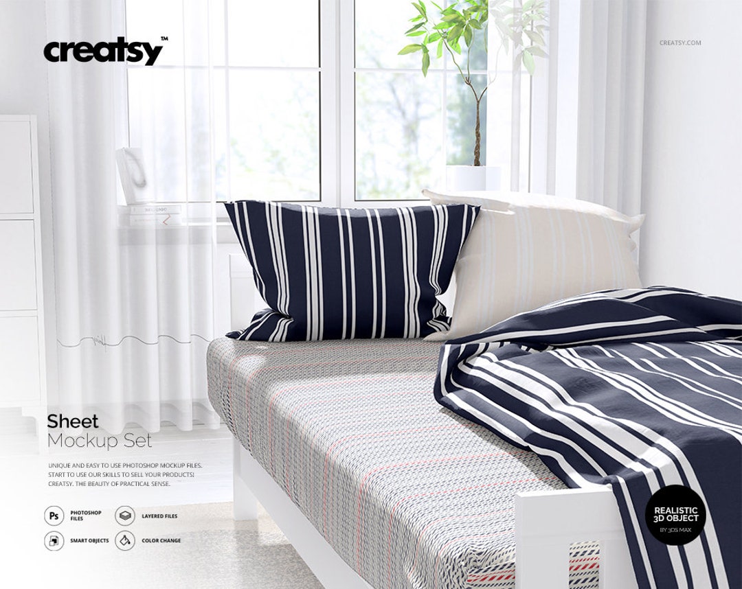 Bedroom Scene: Sheet Mockup Set, Custom Sheet, Fitted Sheet Template ...