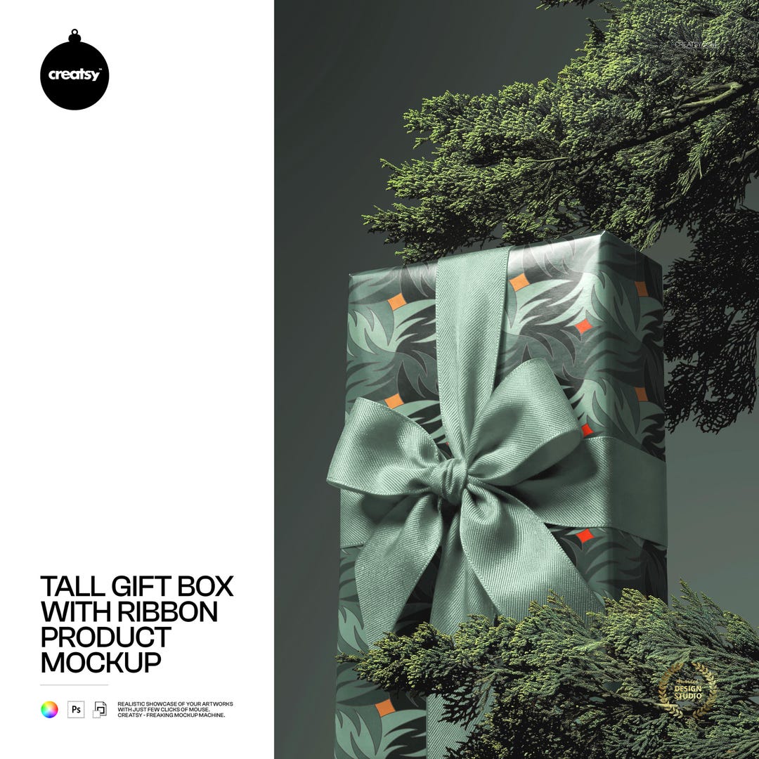 Tall Gift Box Ribbon Mockup PSD Smart Object Holiday Packaging Branding ...