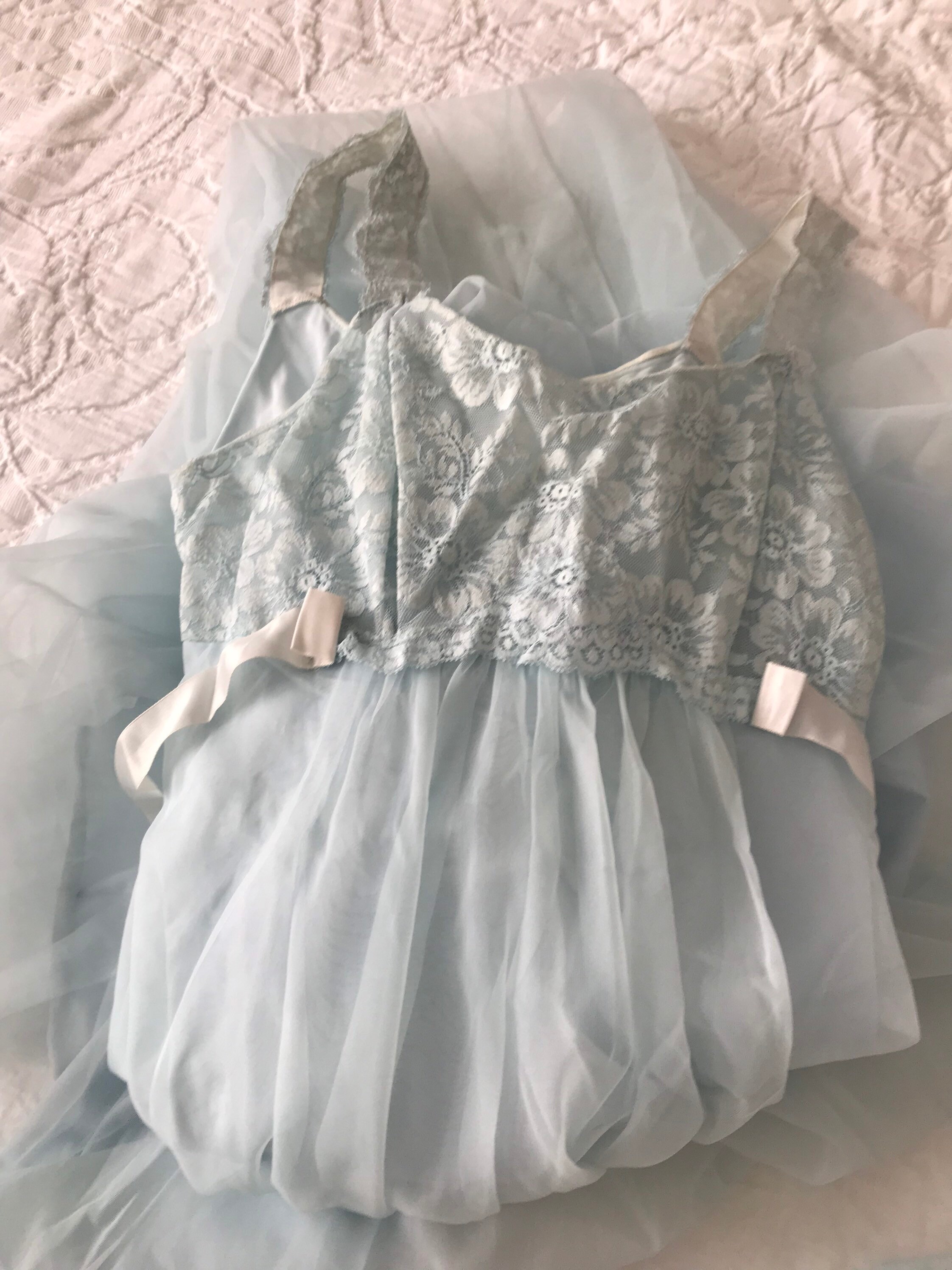 Vintage French Maid Soft Blue Double Chiffon Night Gown Decorative ...