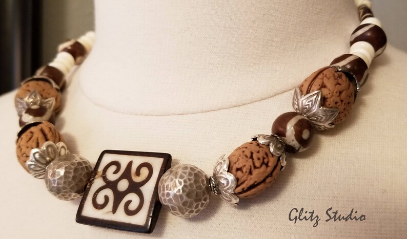 Sterling Silver Peace Nut Bead Necklace W/batik Bone Pendant, African ...