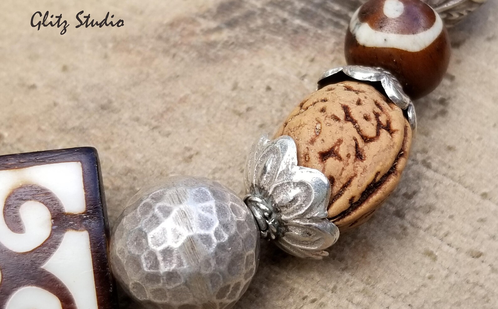 Sterling Silver Peace Nut Bead Necklace W/batik Bone Pendant - Etsy