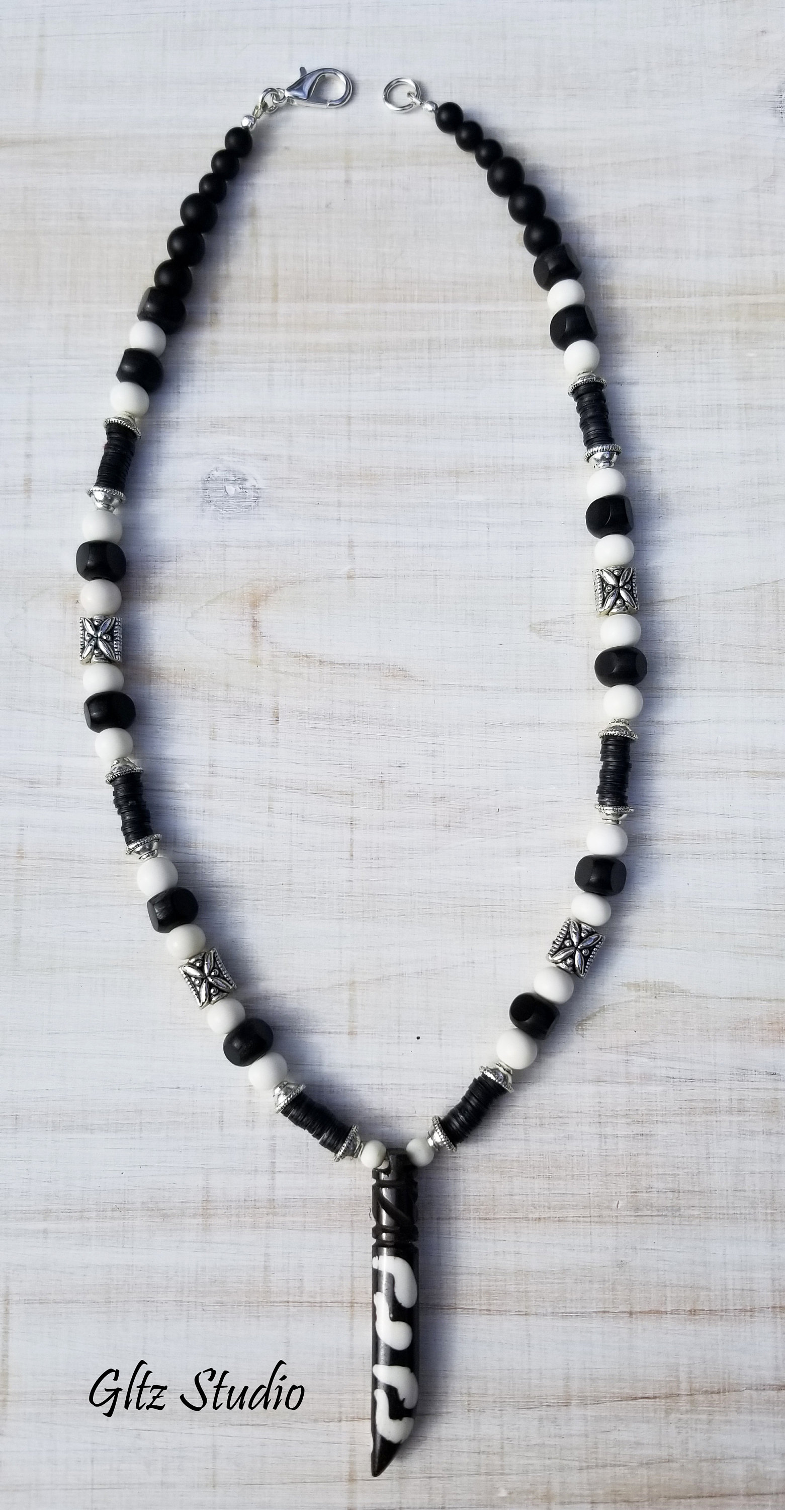 Traditional Batik Bone Tooth Pendant Necklace W/vintage Silver Plate ...