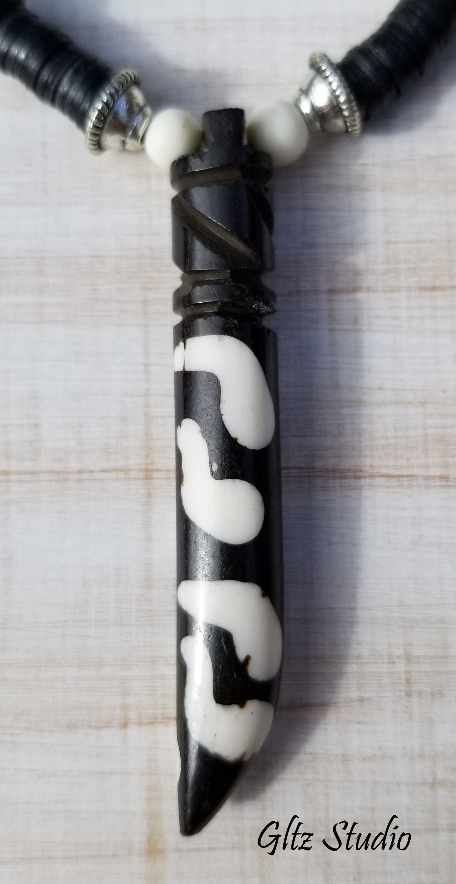 Traditional Batik Bone Tooth Pendant Necklace W/vintage Silver Plate ...