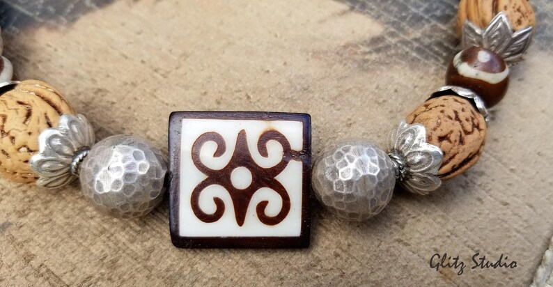 Sterling Silver Peace Nut Bead Necklace W/batik Bone Pendant, African ...