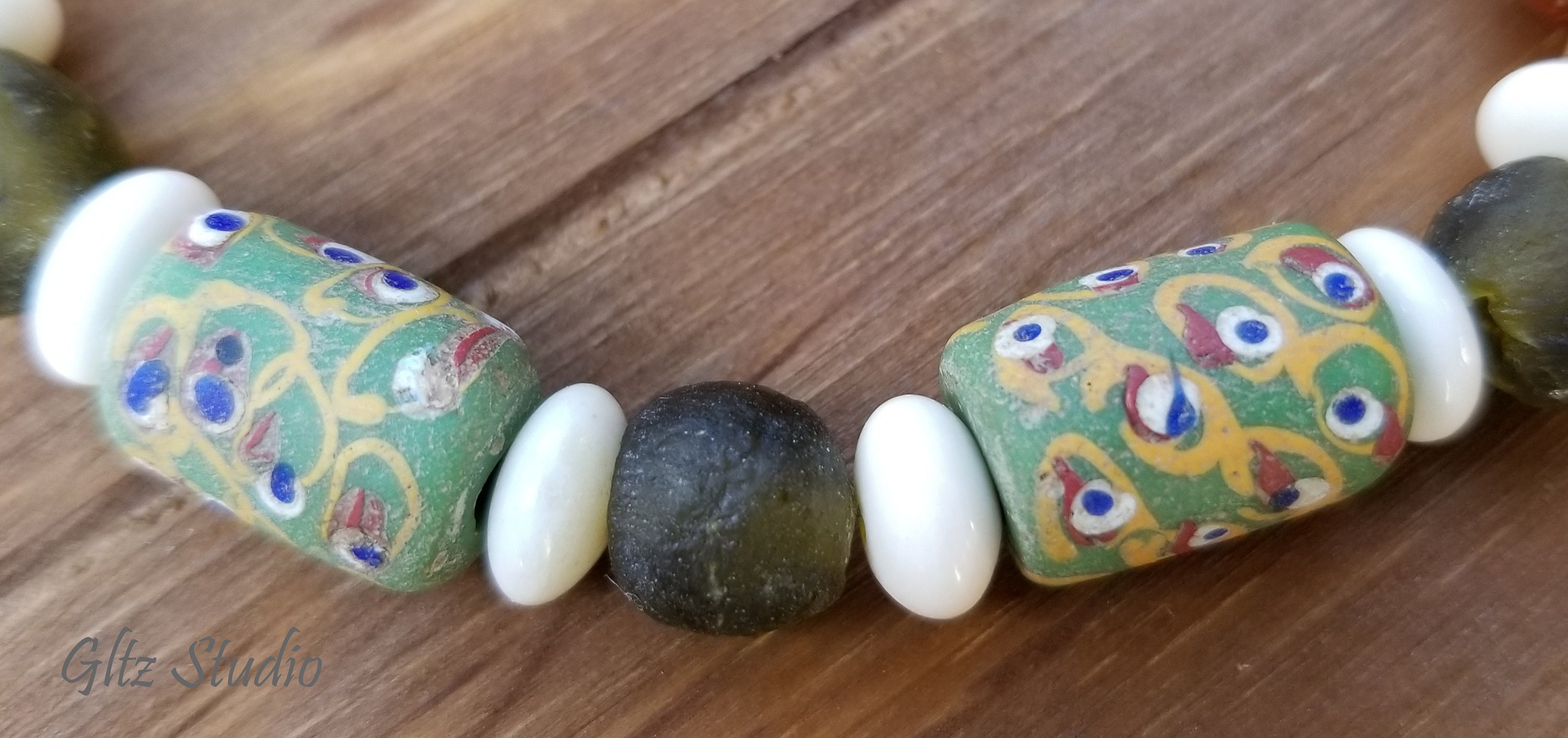 Vintage Light Green African Trade Bead & Solid Brass Bracelet W/african ...